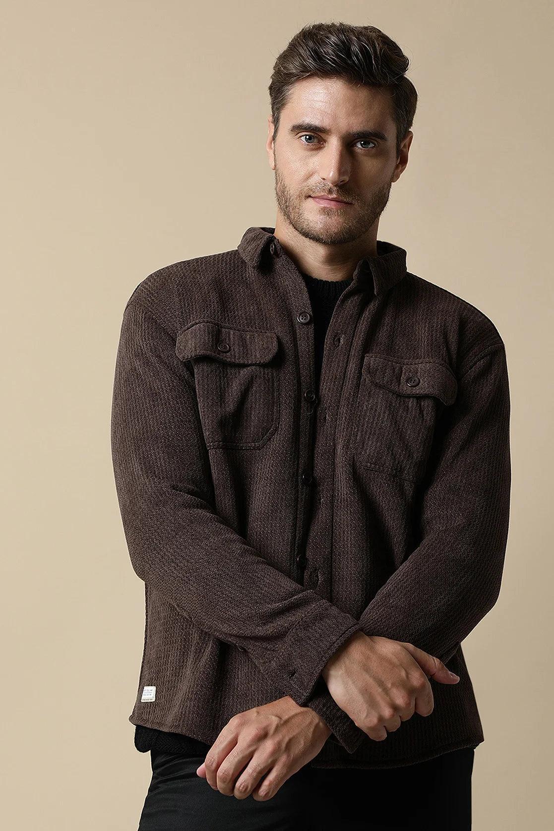 Buy Men's Brown Textured Shacket with Dual Pockets by Fort Collins ...