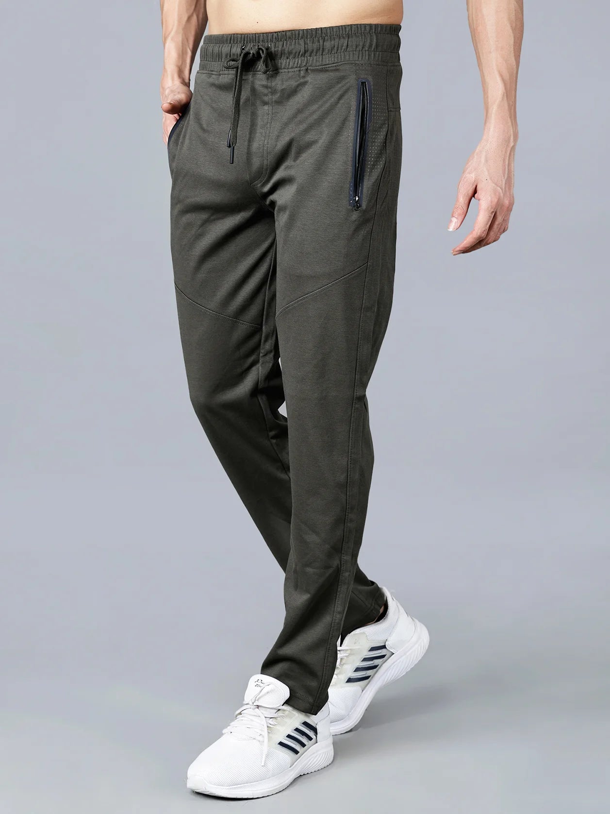 Buy Olive Green Slim Fit Structured Track Pants for Men with Zipper ...